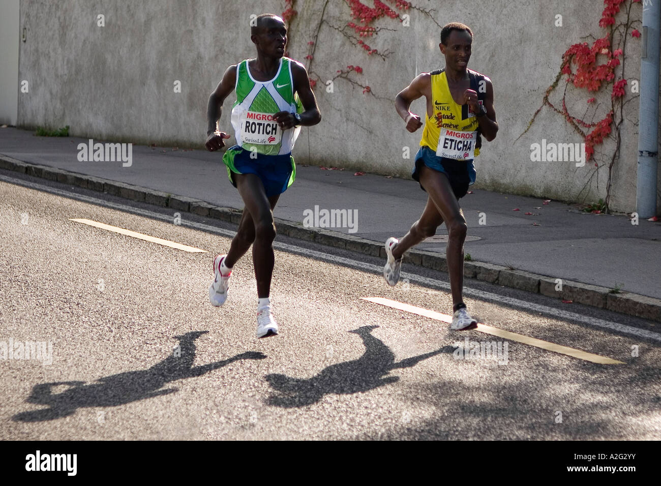 Eticha and Rotich leading the Lausanne Marathon Switzerland October ...