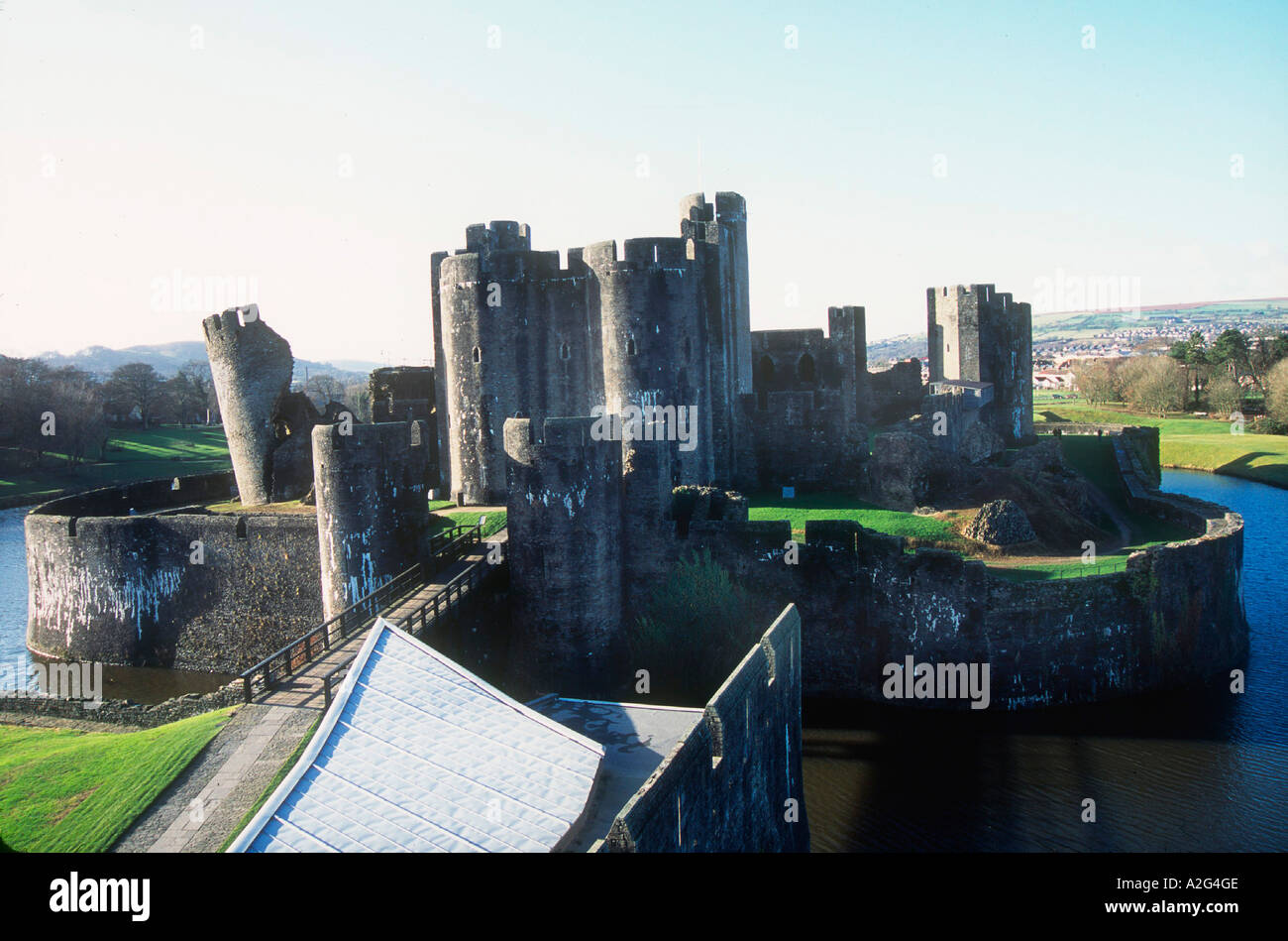 Wales - Overview of Caerphilly castleand surrounding moat; Cardiff area ...