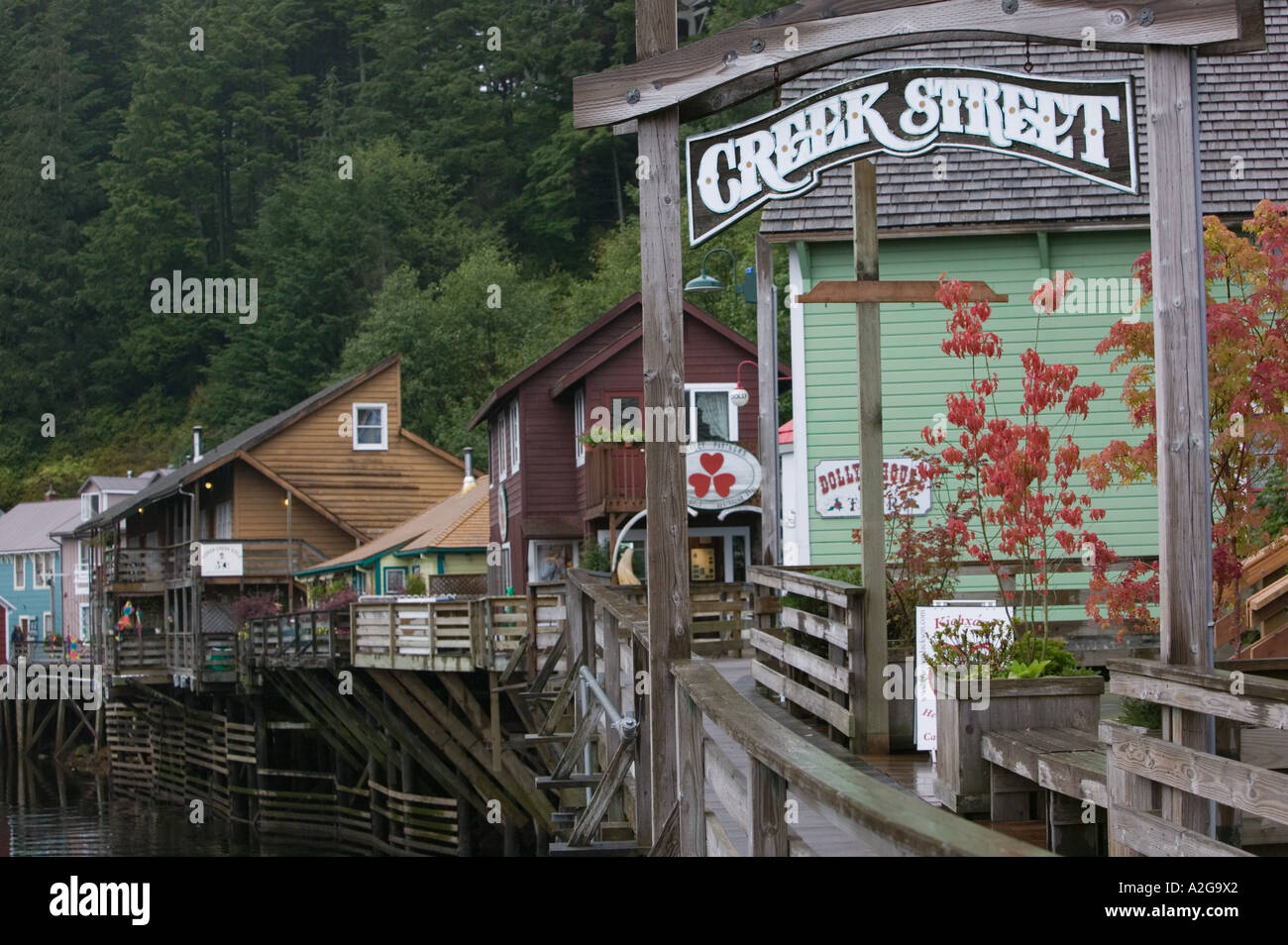 USA, SE Alaska, KETCHIKAN, Ketchikan Creek Boardwalk; Street Sign of ...