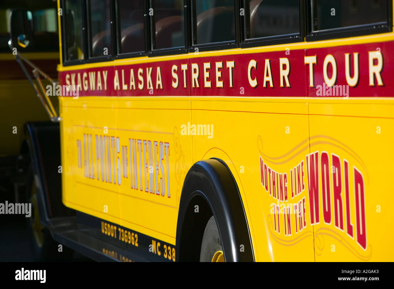 USA, ALASKA, Southeast Alaska, SKAGWAY: Skagway Yellow Streetcar Bus ...