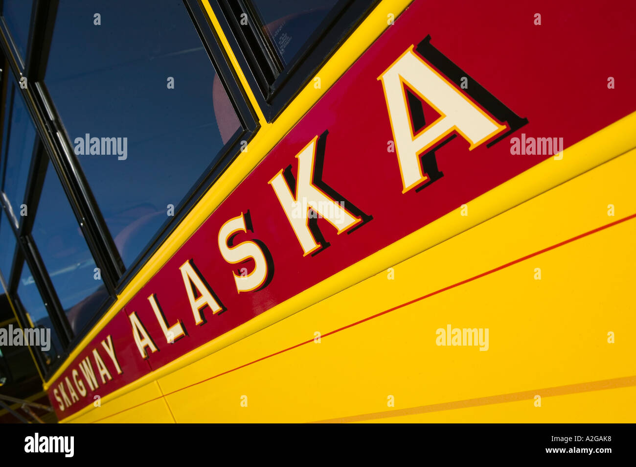 USA, ALASKA, Southeast Alaska, SKAGWAY: Skagway Yellow Streetcar Bus ...