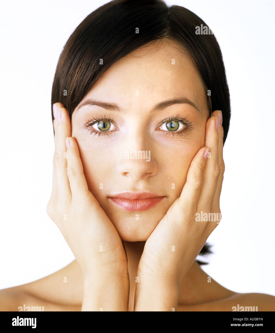 1215646 indoor studio young woman 25 30 brunette portrait close up hand ...