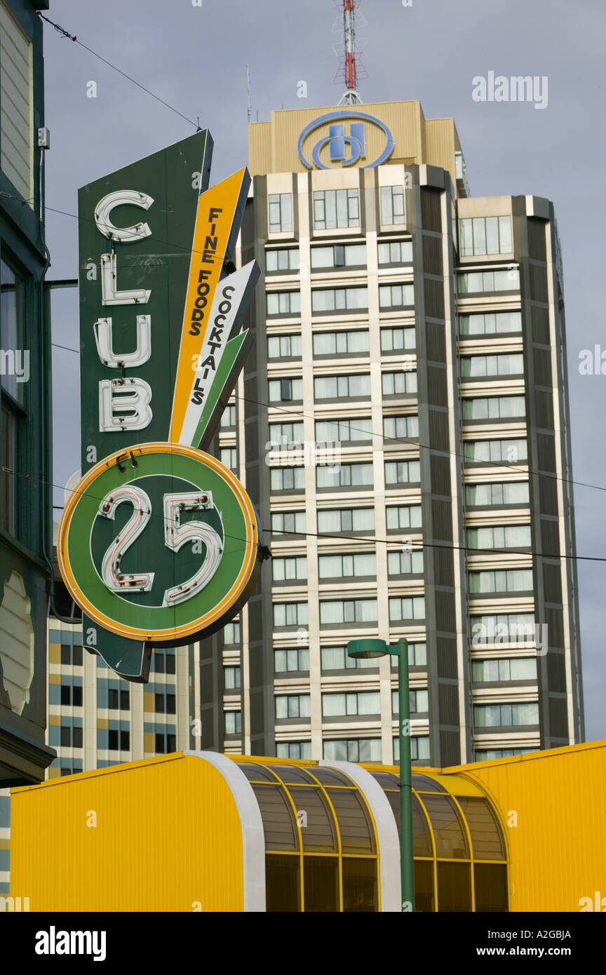 USA, ALASKA, ANCHORAGE: Downtown Anchorage, Club 25 Neon Sign & Hilton ...