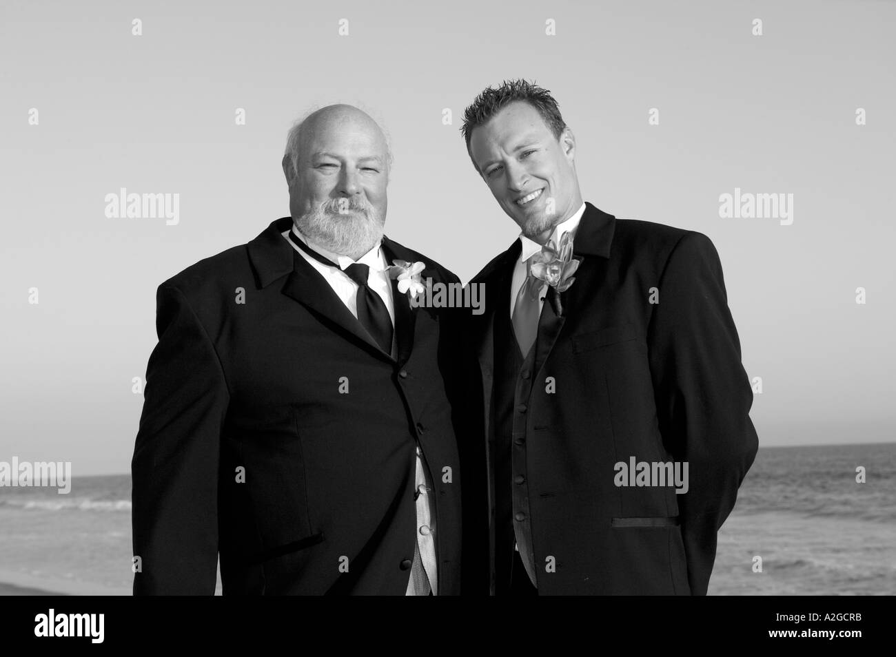 Black and white portrait of groom and his Father during wedding in ...