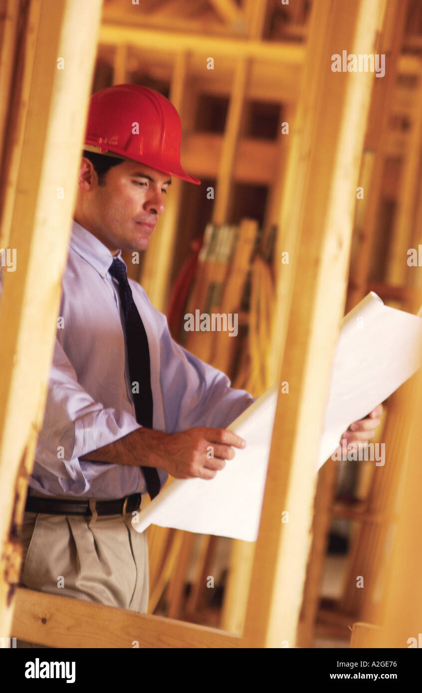 Contractor looking over blueprints Stock Photo - Alamy