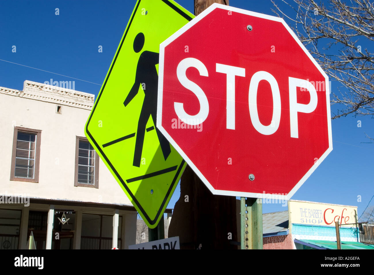 Stop sign and Pedestrian Crossing sign in New Mexico USA Stock Photo ...
