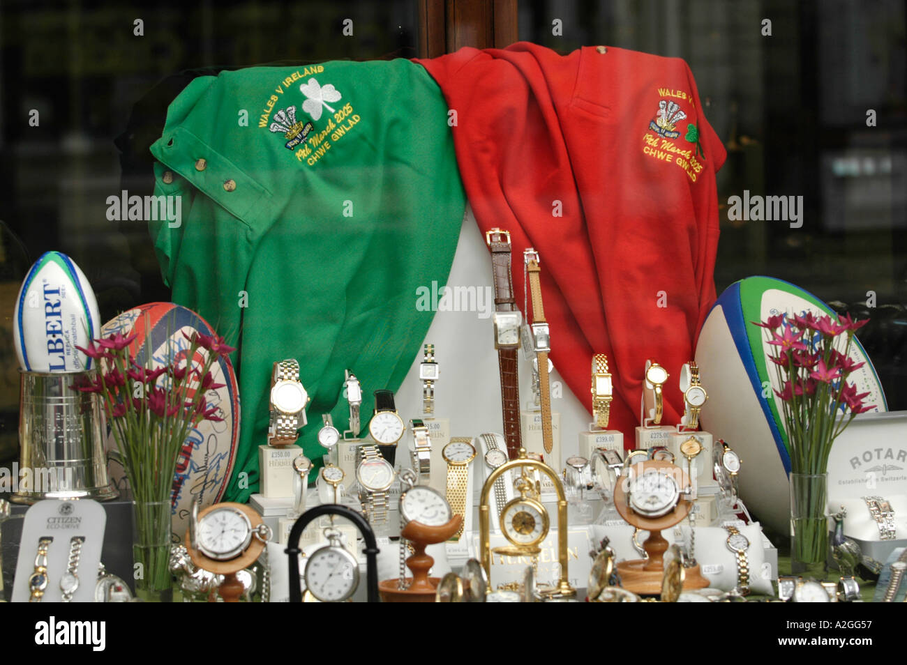 Rugby themed window display in jewellers in Cardiff city centre Wales ...