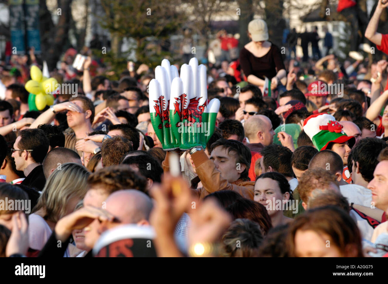 Welsh rugby fans outside in Cardiff celebrating a Six Nations ...