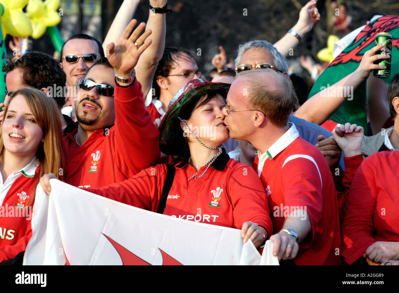 Welsh rugby fans outside in Cardiff celebrating a Six Nations ...