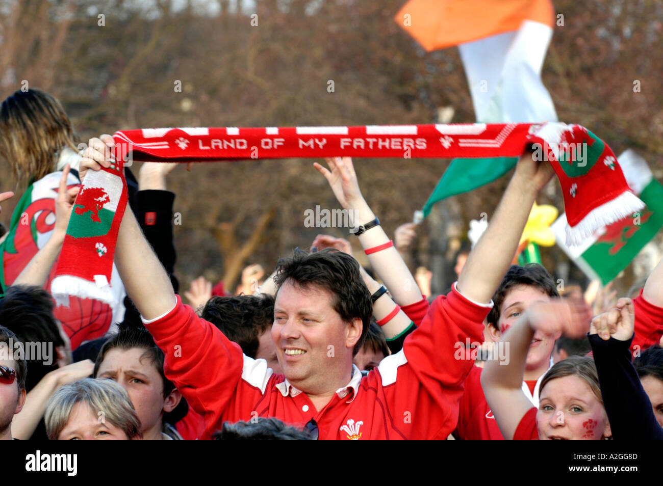 Welsh rugby fans outside in Cardiff celebrating a Six Nations ...