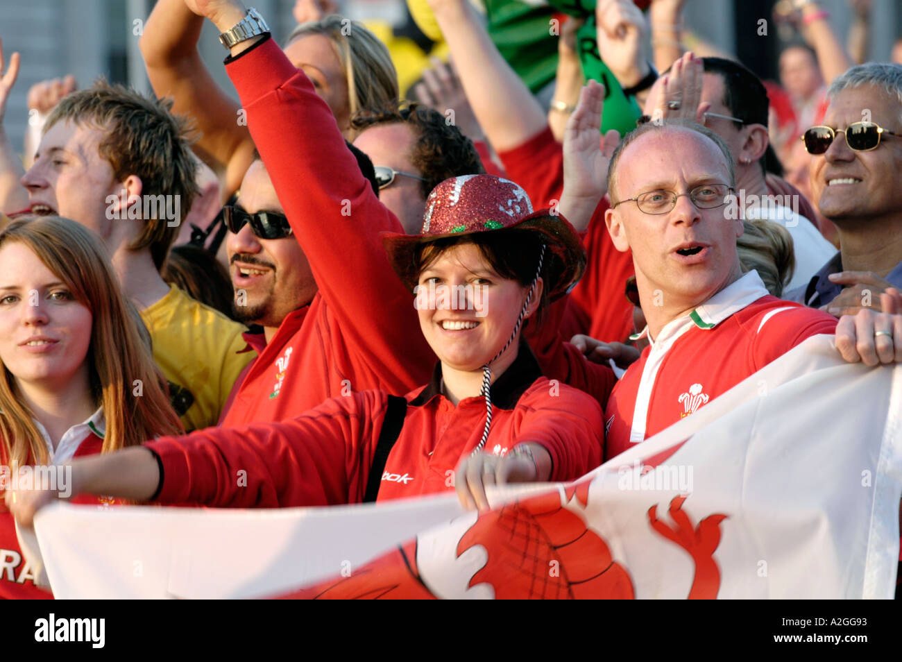 Welsh rugby fans outside in Cardiff celebrating a Six Nations ...