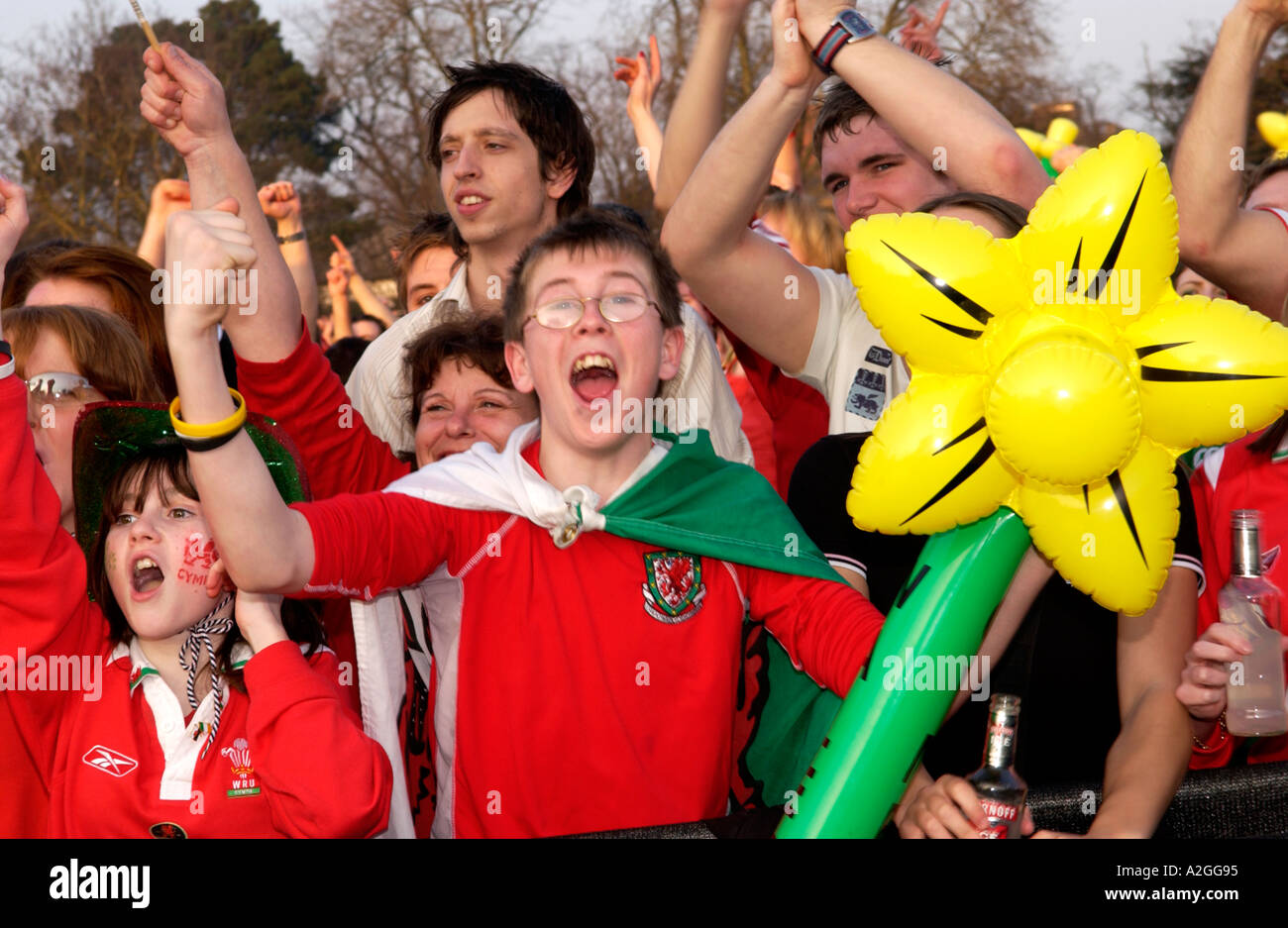 Welsh rugby fans outside in Cardiff celebrating a Six Nations ...
