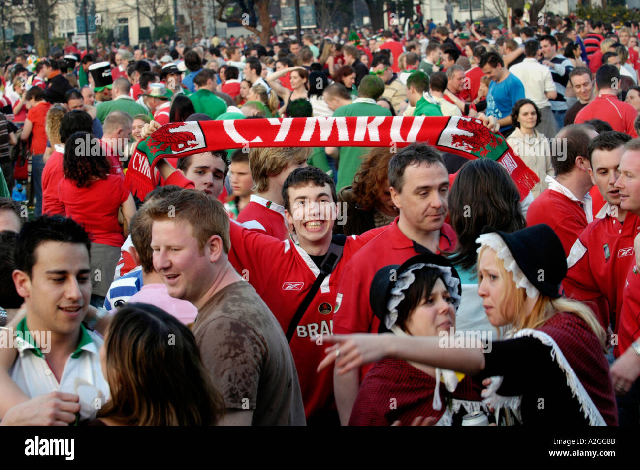 Big crowd of Welsh rugby fans celebrate Wales winning an Stock Photo ...