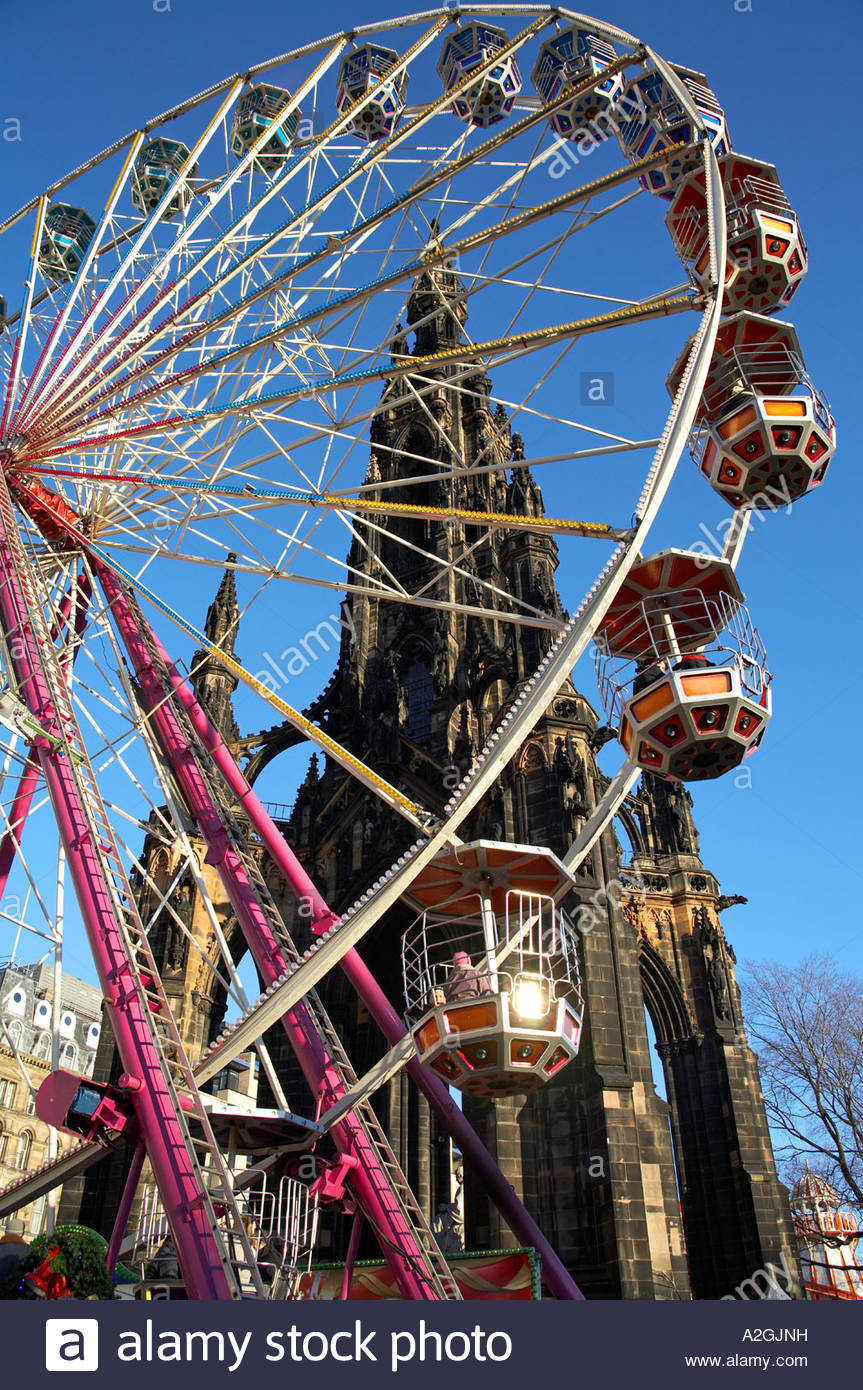 Christmas Ferris wheel and Scott monument Edinburgh, SCOTLAND Stock ...