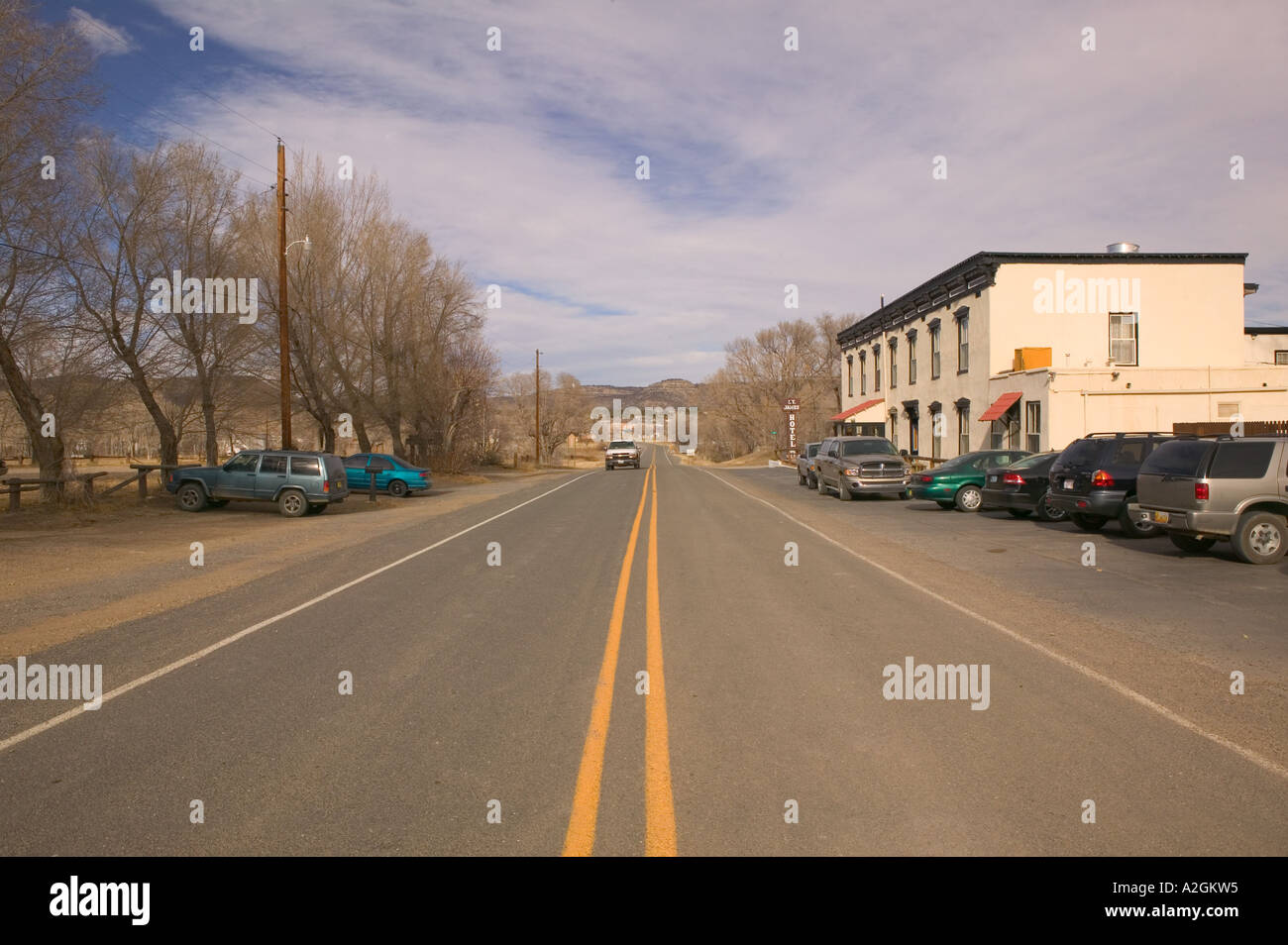 USA, New Mexico, Cimarron: Historic Downtown Cimarron with St. James ...