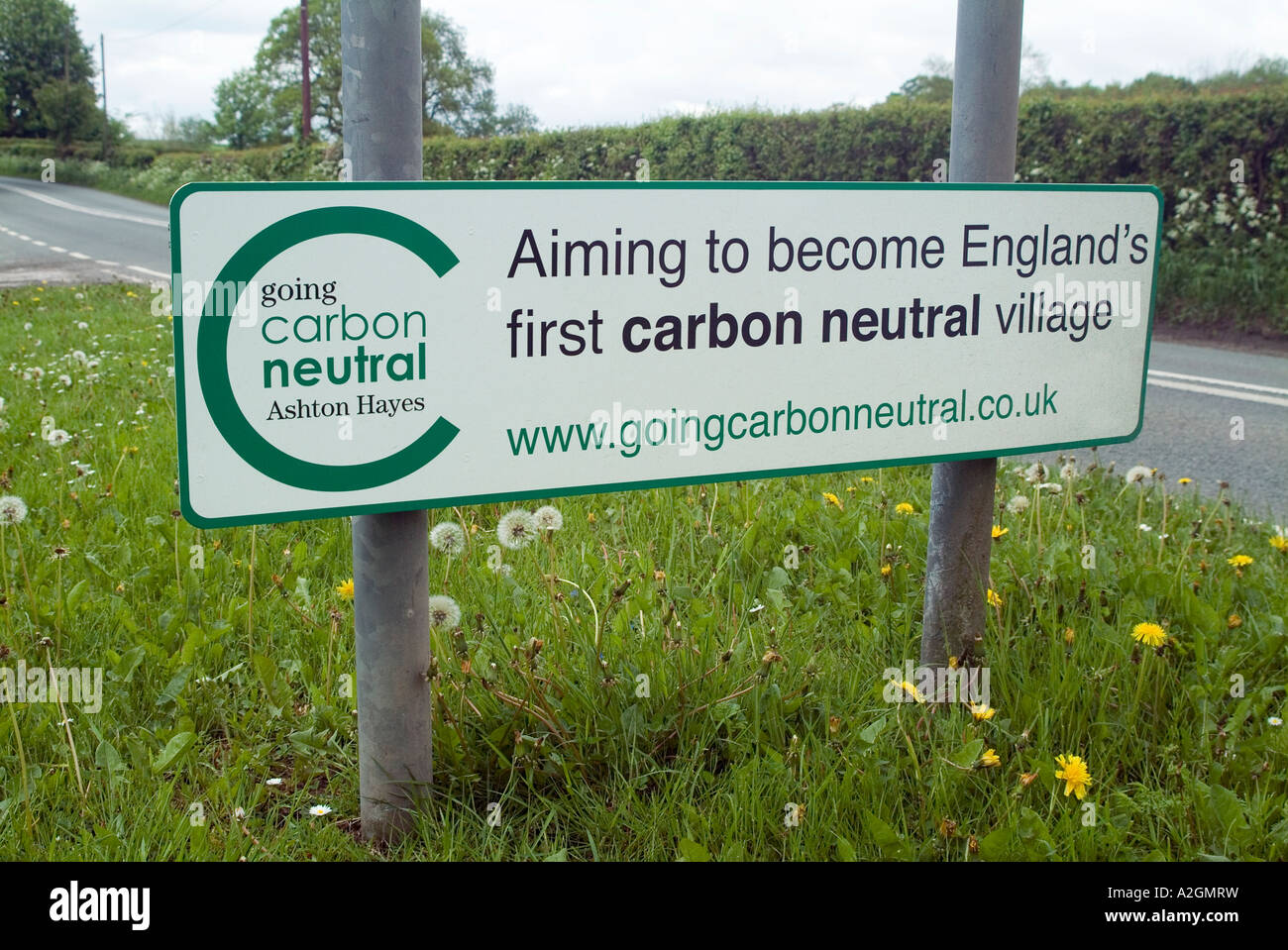 Sign for Britains First Carbon Neutral Village in rural Cheshire. UK ...