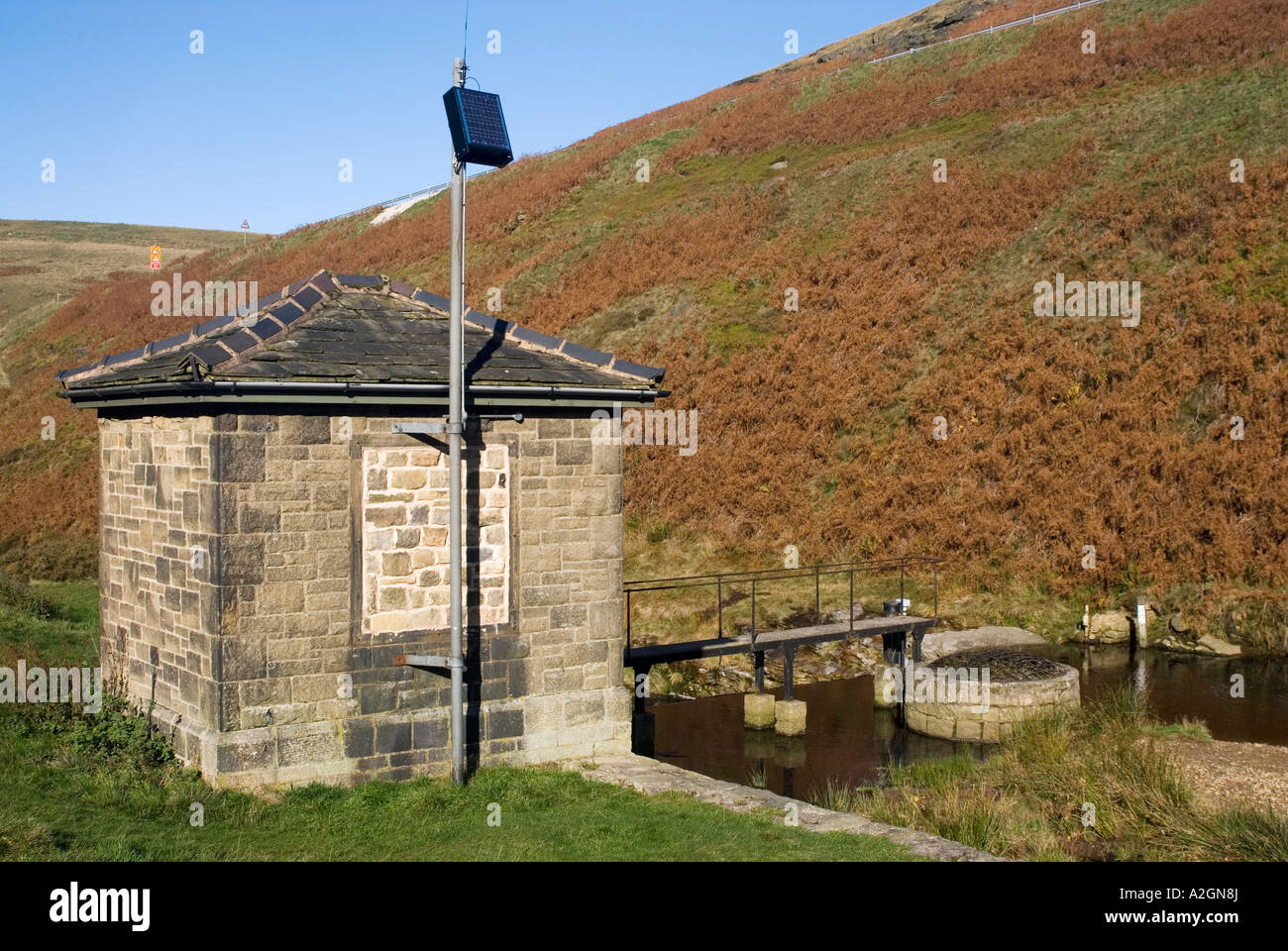 Solar powered monitoring station on the River Etherow which feeds the ...