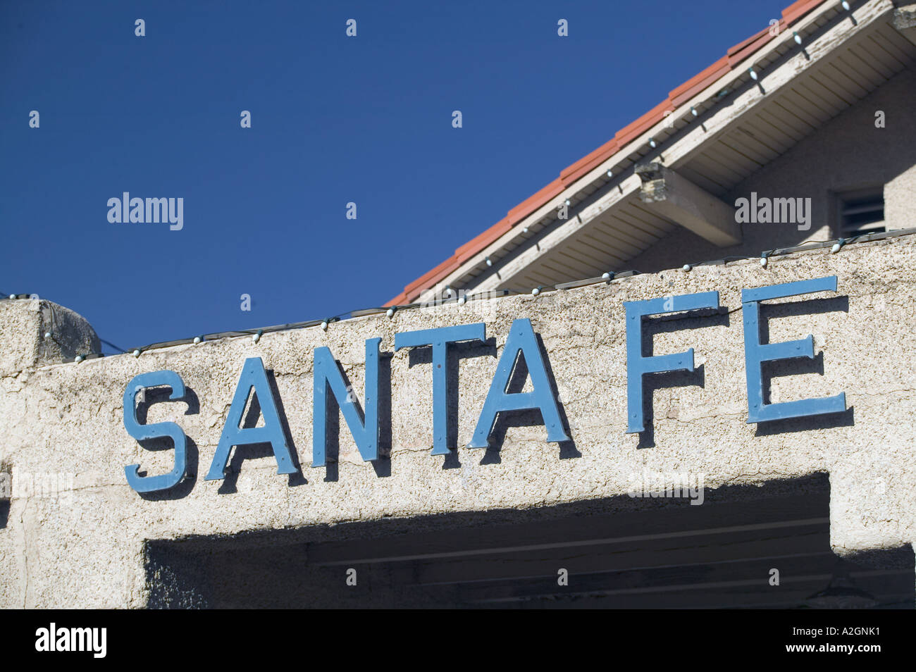 USA, New Mexico, Santa Fe: Downtown Santa Fe, Sign at Santa Fe Train ...