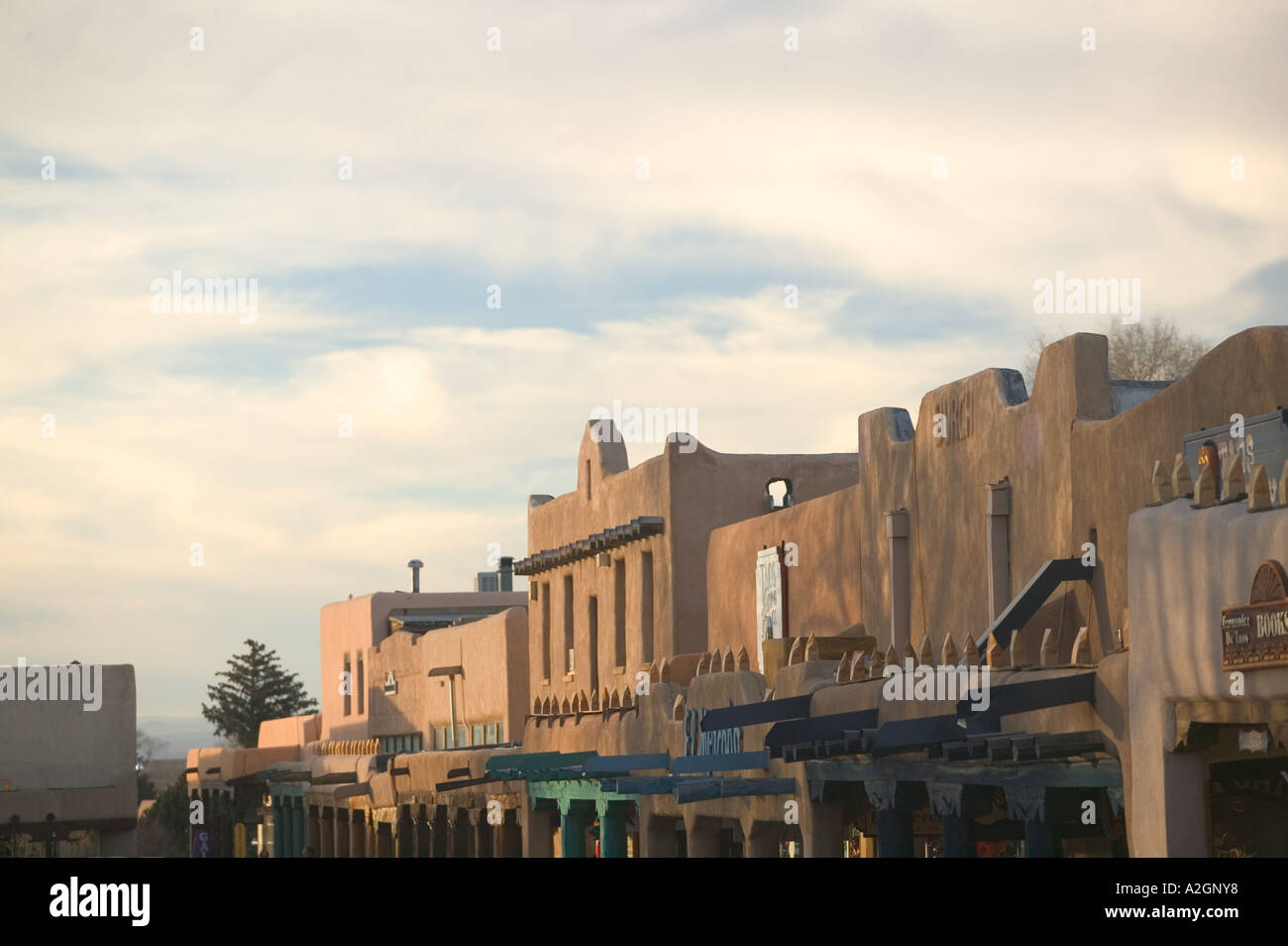 USA, New Mexico, Taos: Taos Plaza Buildings / Late Afternoon Stock ...