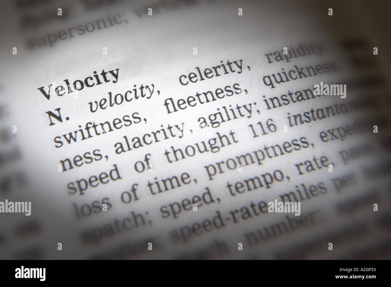 THESAURUS PAGE SHOWING DEFINITION OF WORD VELOCITY Stock Photo - Alamy