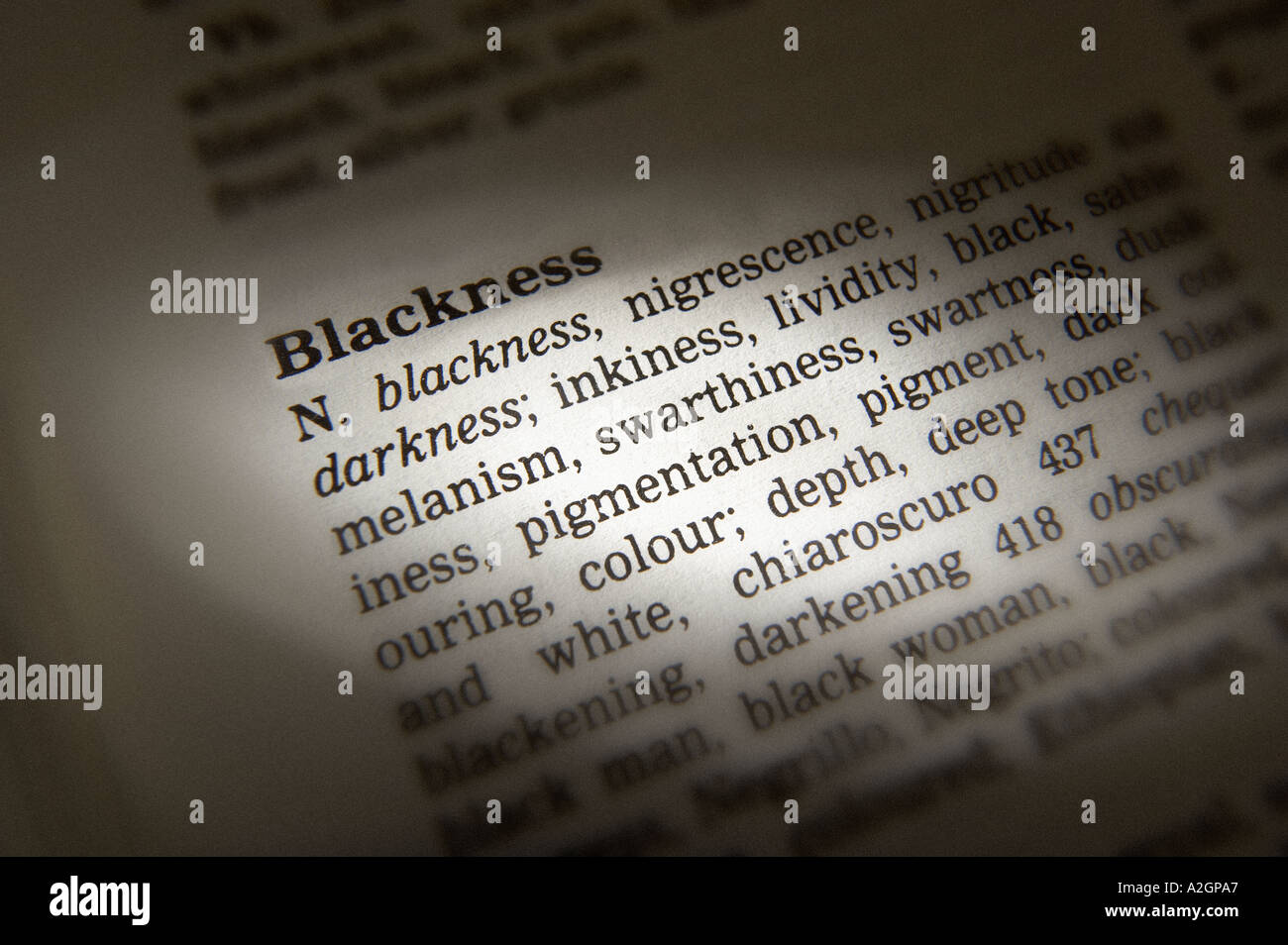 THESAURUS PAGE SHOWING DEFINITION OF WORD BLACKNESS Stock Photo - Alamy