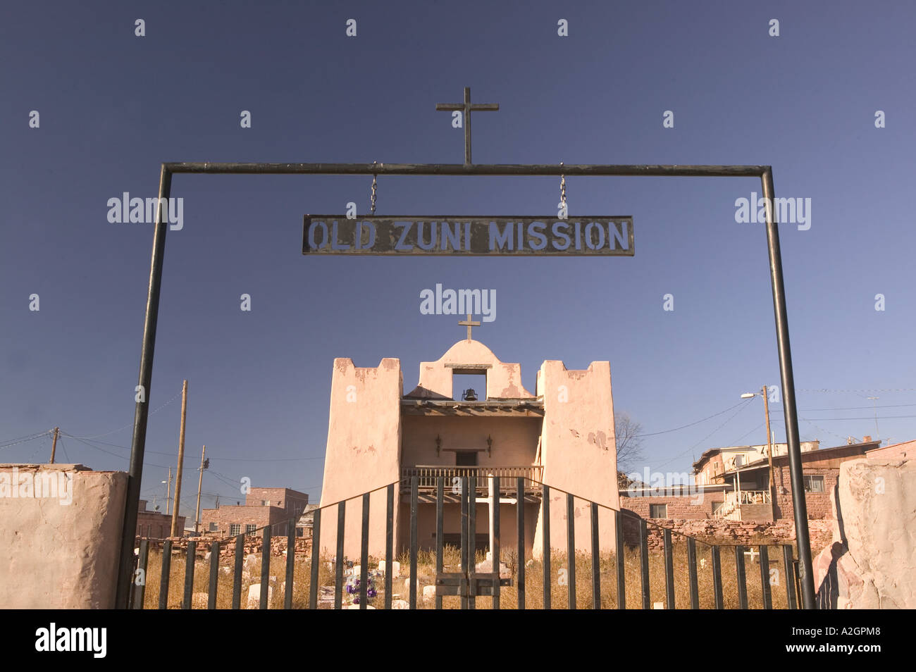 USA, New Mexico, Zuni Pueblo: Exterior of Our Lady of Guadalupe Mission ...