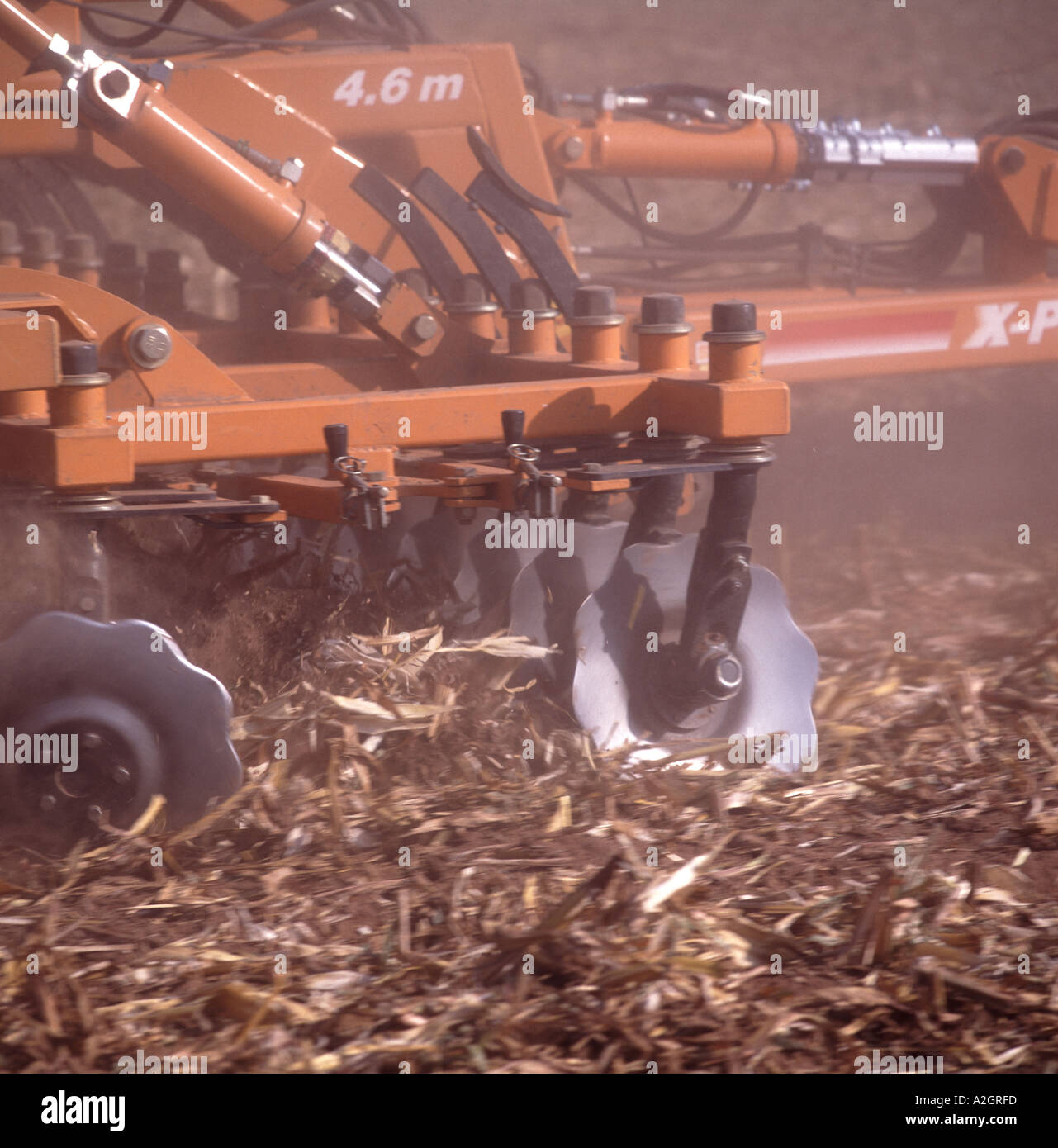 Close up of Simba 4 5m Disc harrow on newly cut maize stubble carrying ...