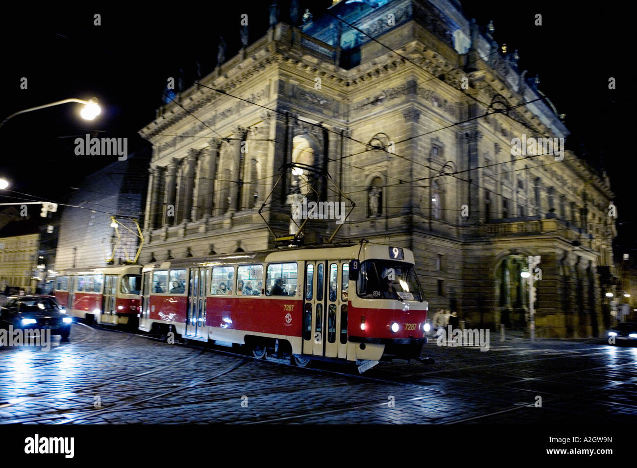 Tram travelling at night in Prague, Czech Republic Stock Photo - Alamy