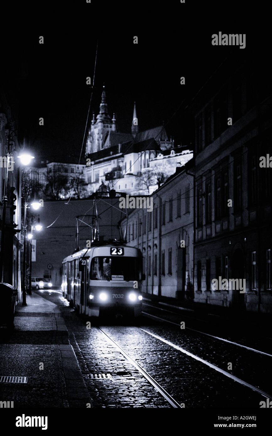 Tram travelling at night in Prague, Czech Republic Stock Photo - Alamy