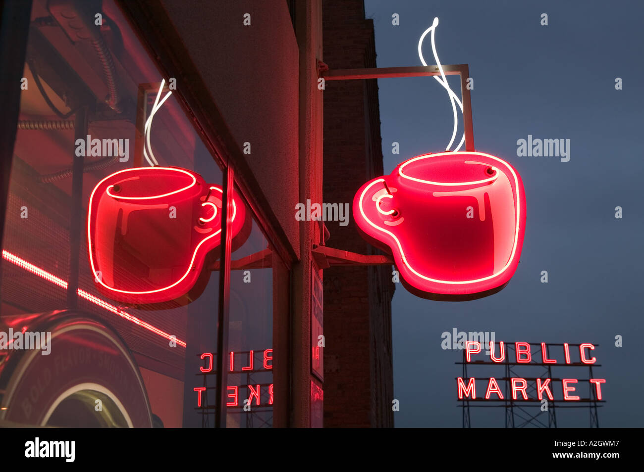 USA, Washington, Seattle: Pike Place Market Neon Coffee Cup Sign ...