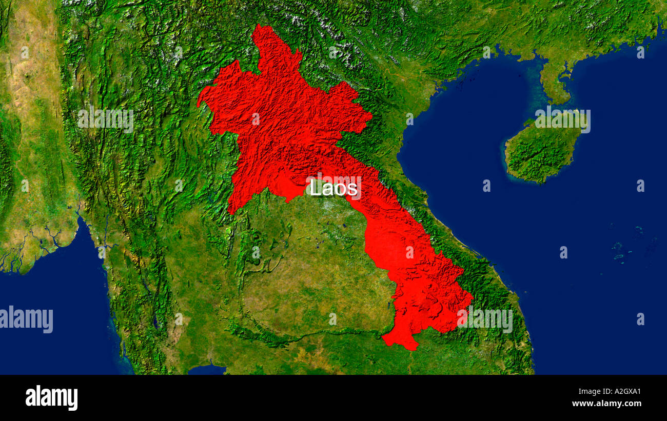 Satellite Image Of Laos Highlighted Red Stock Photo - Alamy