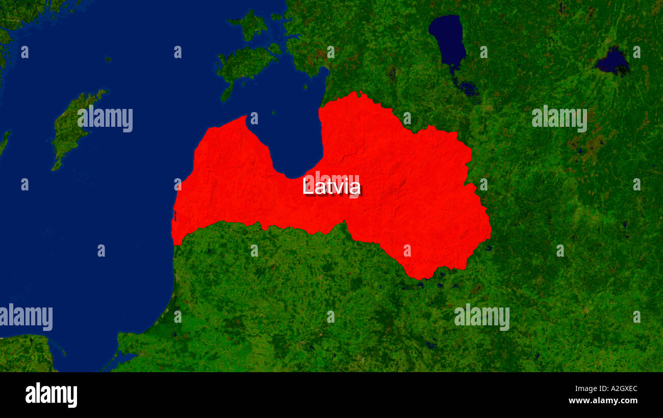 Satellite Image Of Latvia Highlighted Red Stock Photo - Alamy