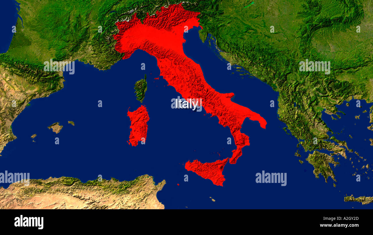 Satellite Image Of Italy Highlighted Red Stock Photo - Alamy