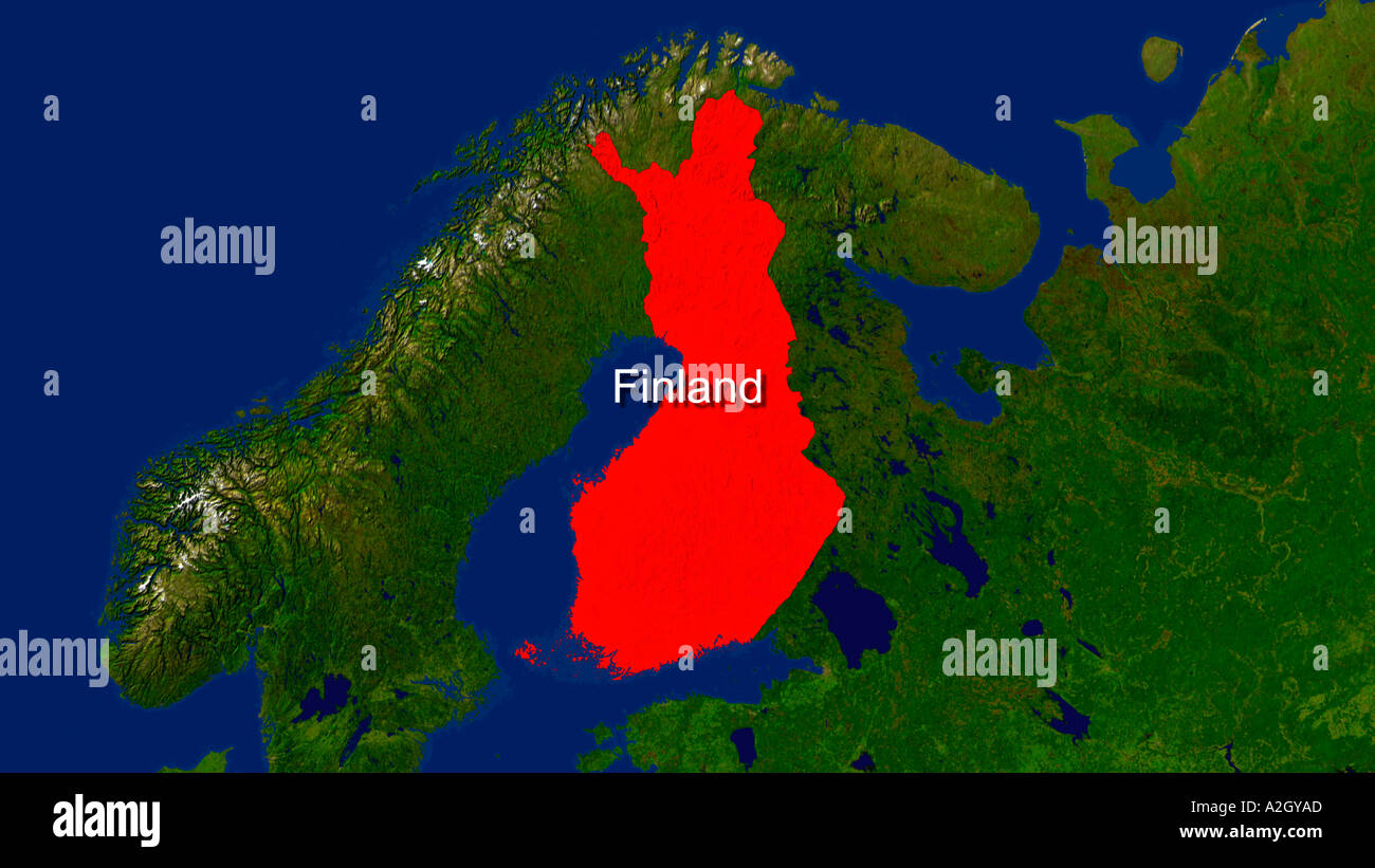 Satellite Image Of Finland Highlighted Red Stock Photo - Alamy
