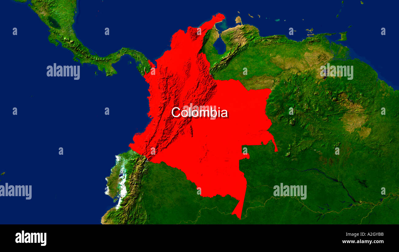 Satellite Image Of Colombia Highlighted Red Stock Photo - Alamy