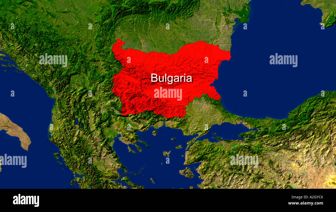 Satellite Image Of Bulgaria Highlighted Red Stock Photo - Alamy