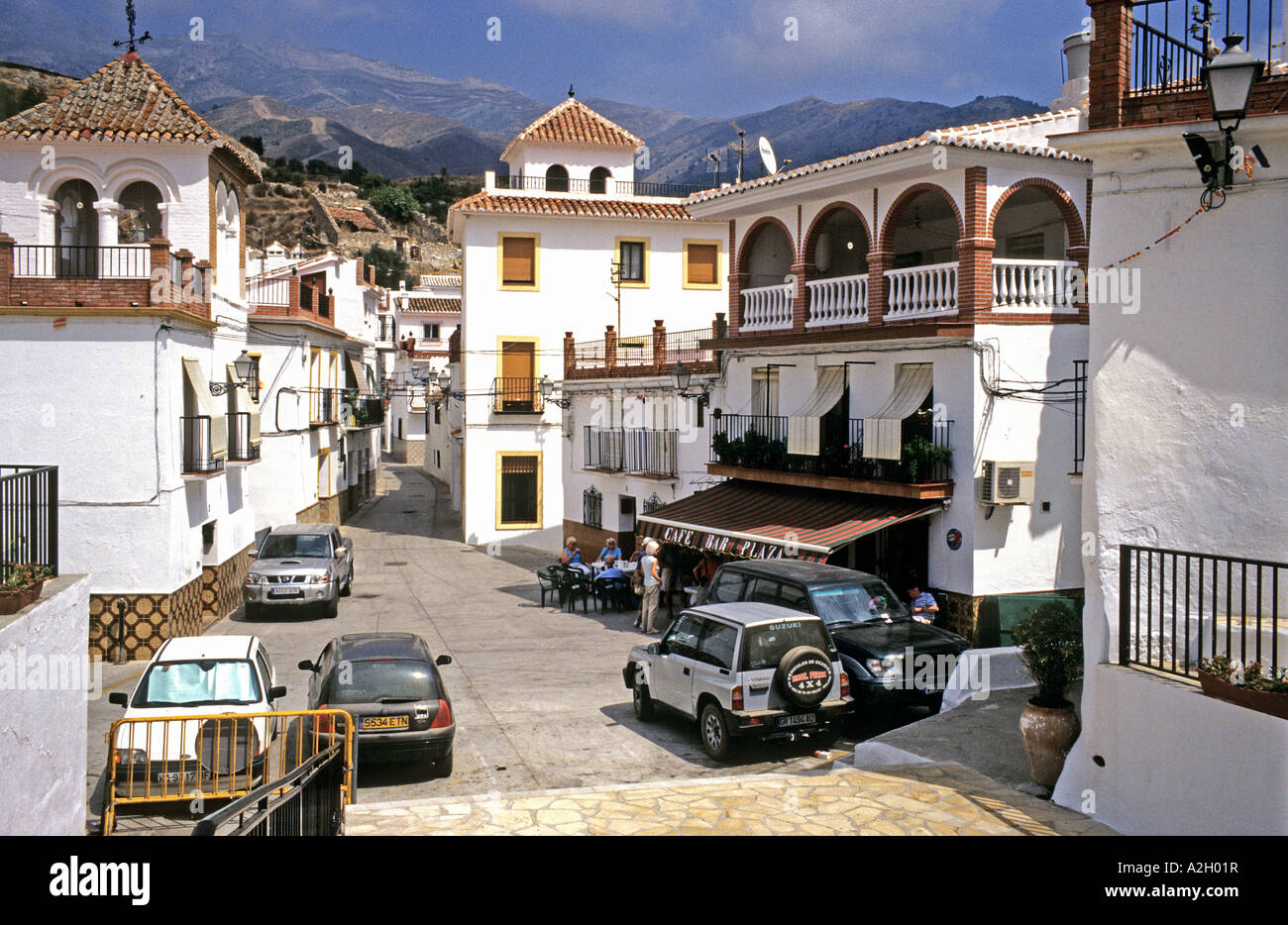 A view from the church of the main square in the mountain village ...