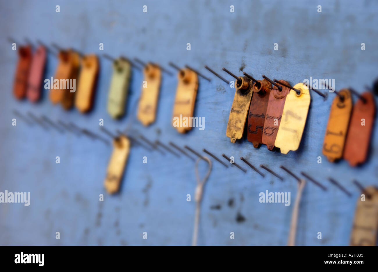 Hanging tags in factory setting Stock Photo - Alamy