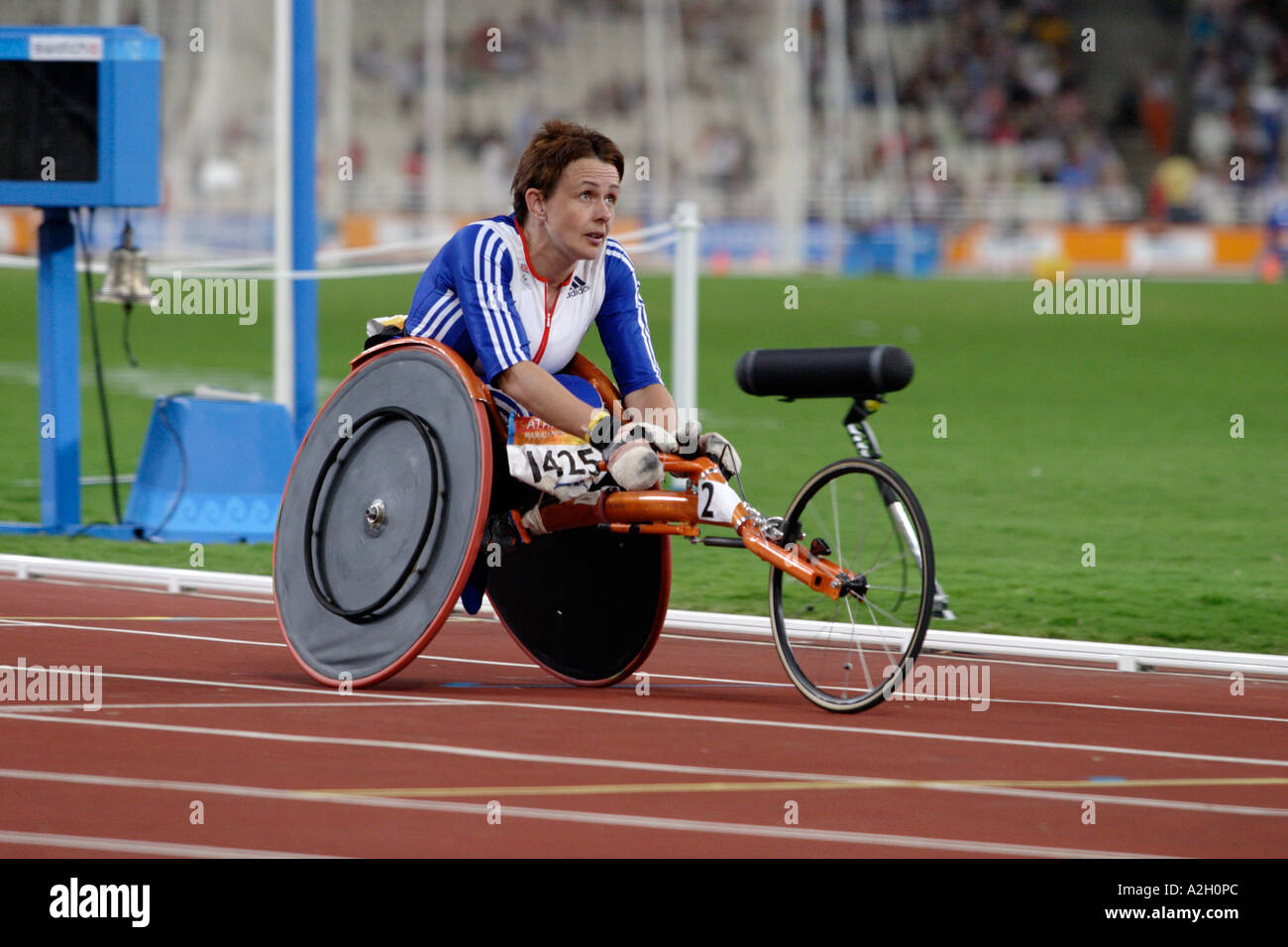 Tanni Grey Thompson GBR looks up at the scoreboard after crossing the ...
