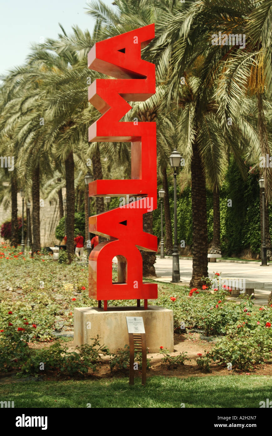 Unusual red upright Palma roadside town sign in block capital letters ...