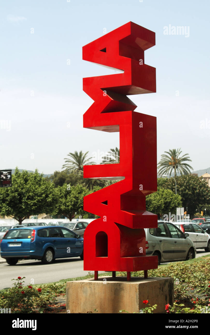 Unusual red upright Palma roadside town sign in block capital letters ...