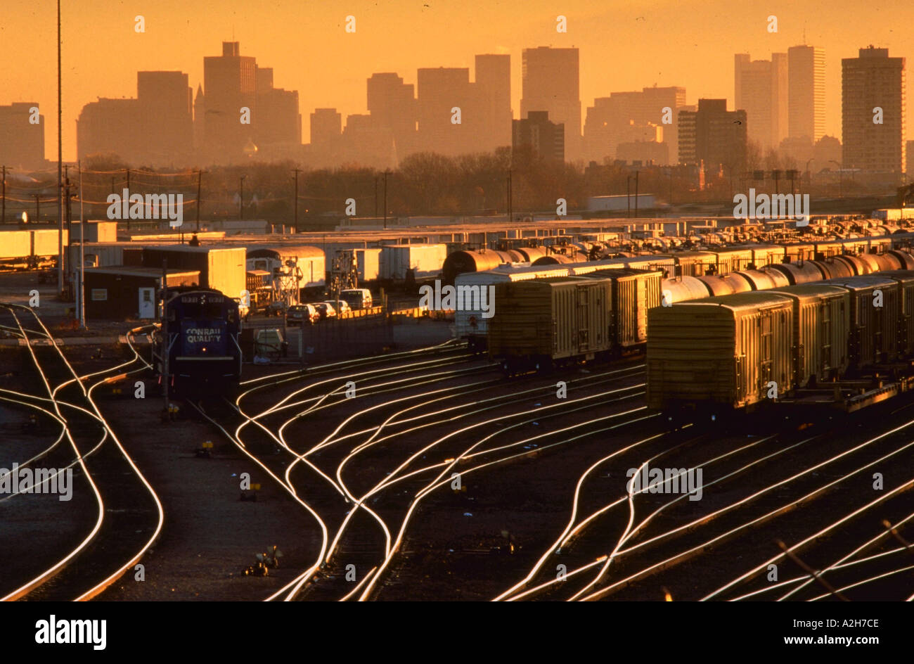 Conrail yard with Boston skyline Stock Photo - Alamy