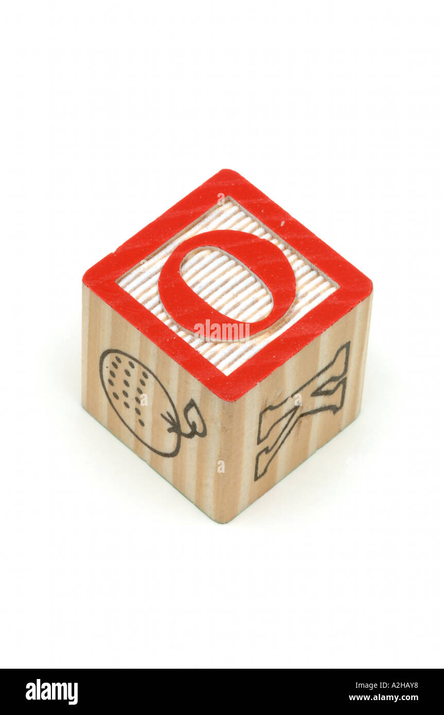 Children wooden learning block showing red alphabet O Stock Photo - Alamy