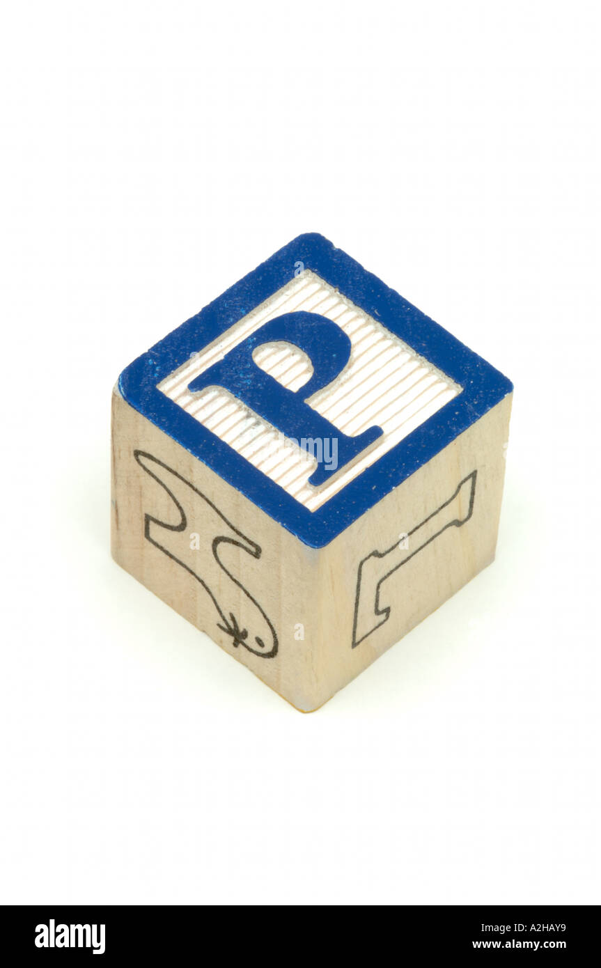 Children wooden learning block showing blue alphabet P Stock Photo - Alamy