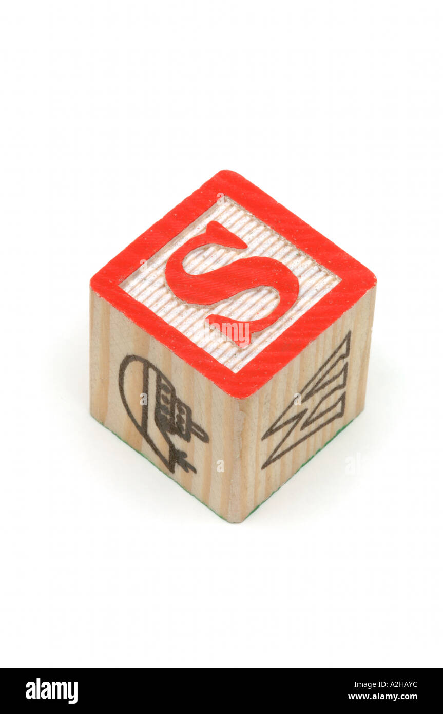 Children wooden learning block showing red alphabet S Stock Photo - Alamy