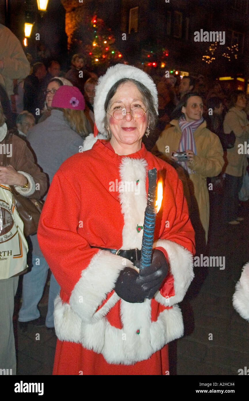 Mother Christmas in a Christmas procession, Haworth, West Yrkshire, UK ...