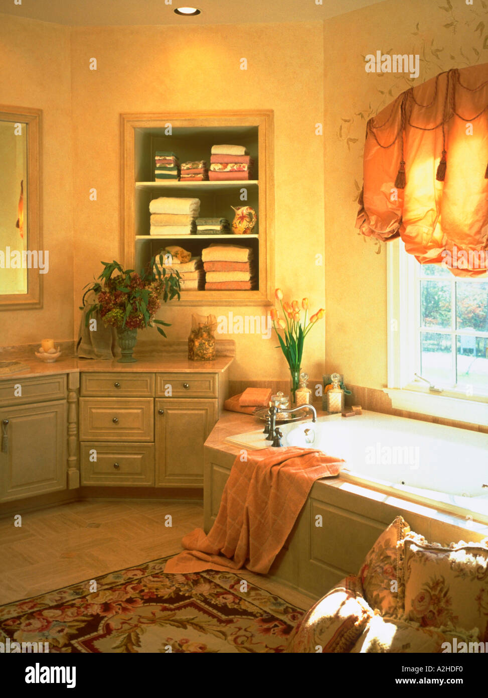 Interior of elegant bathroom with large window and Jacuzzi tub Stock ...
