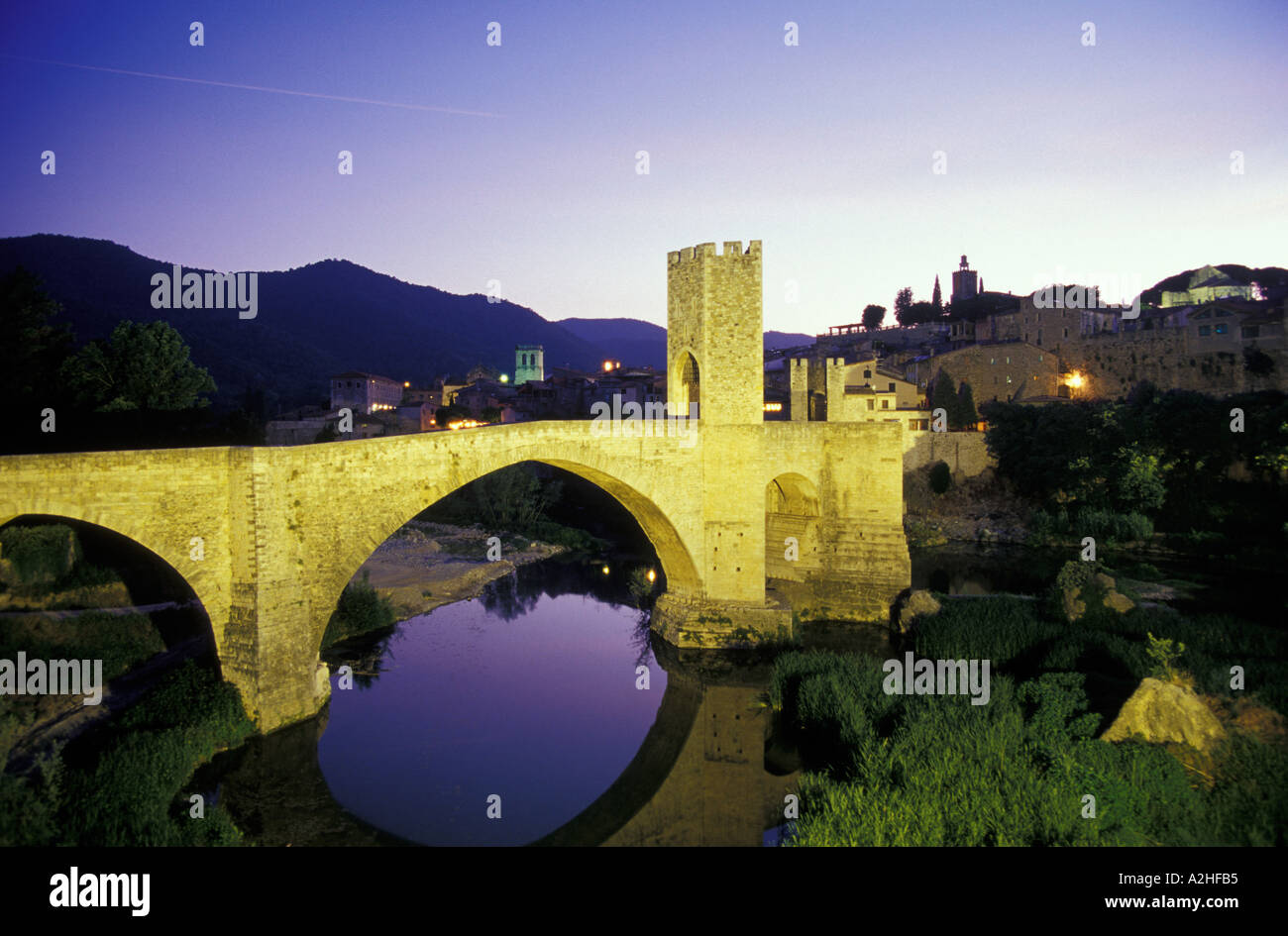 Middle-aged stonebridge from Besalu over the Riu Fluvio, Costa Brava ...