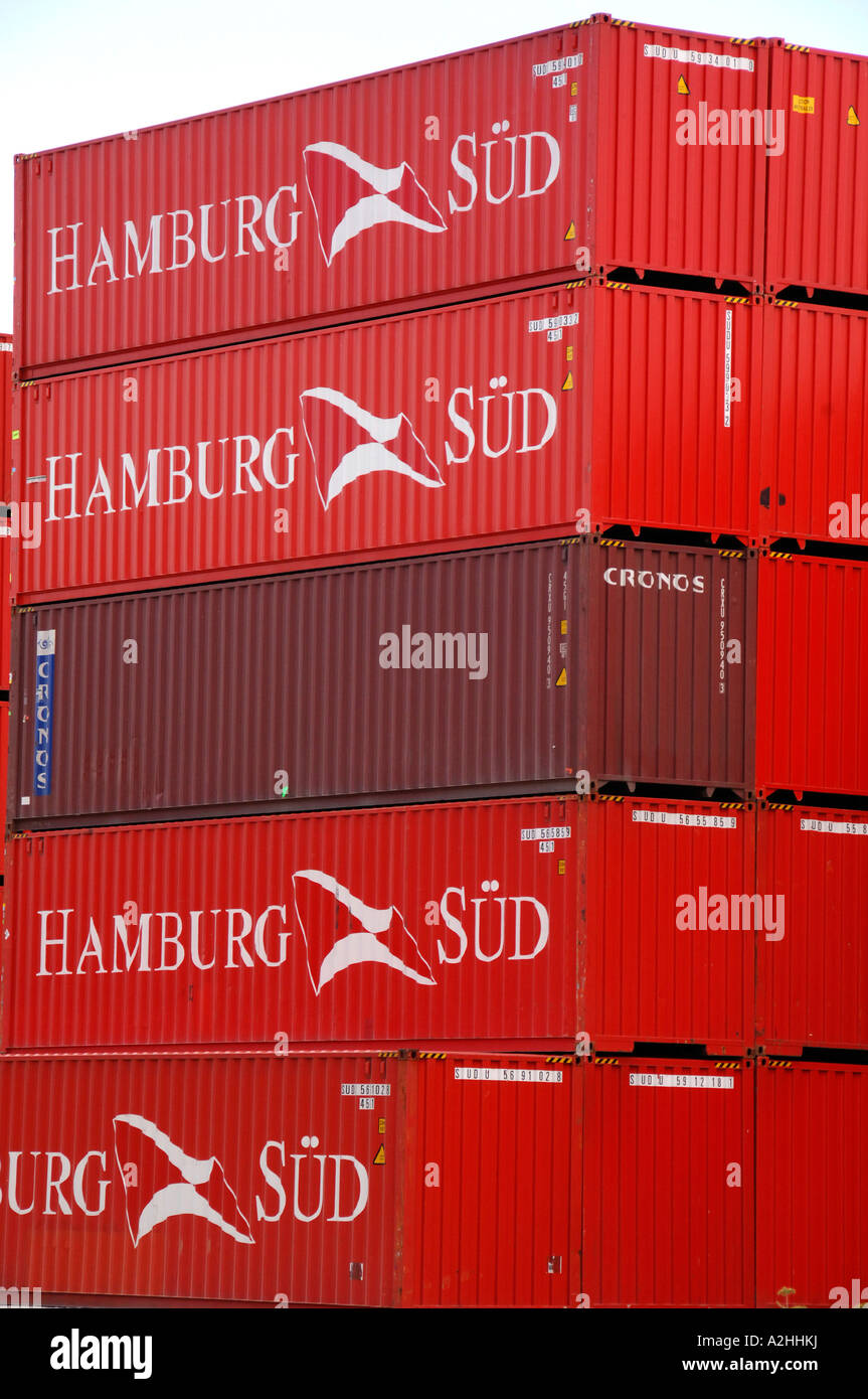 stacks of red shipping containers Stock Photo - Alamy
