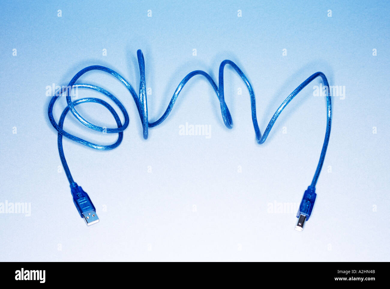 Loosely unwound clear blue computer USB cable on white clean surface ...